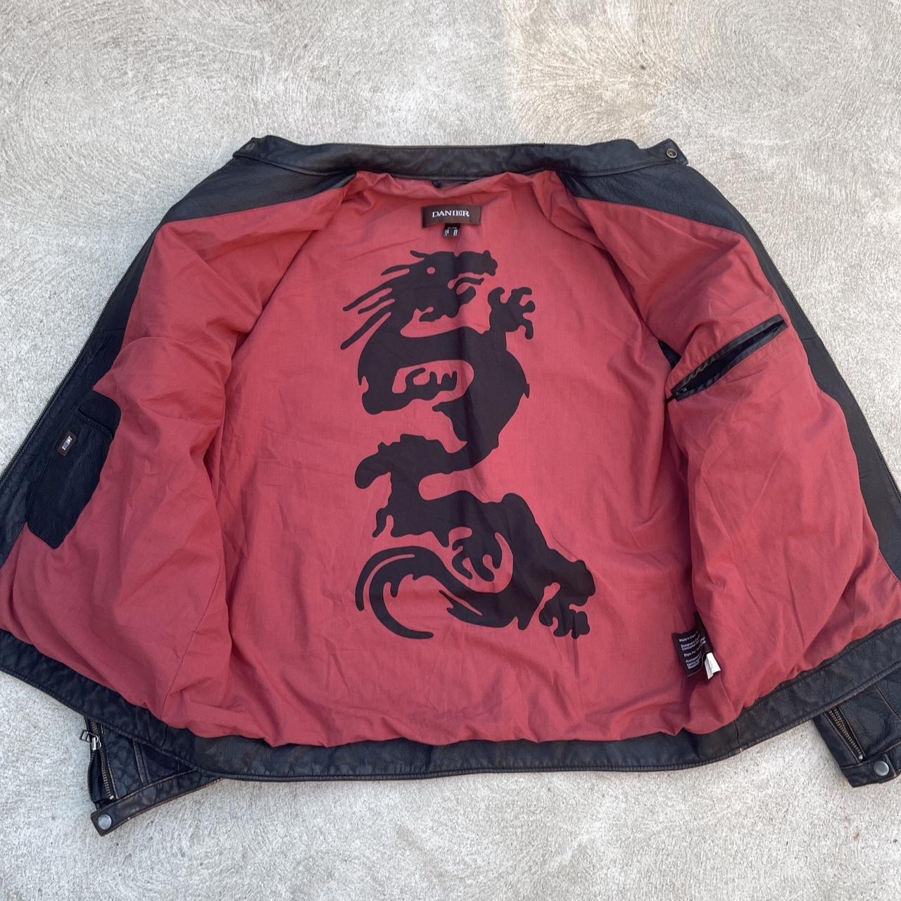 Black Leather Danier biker jacket with a red dragon... - Depop