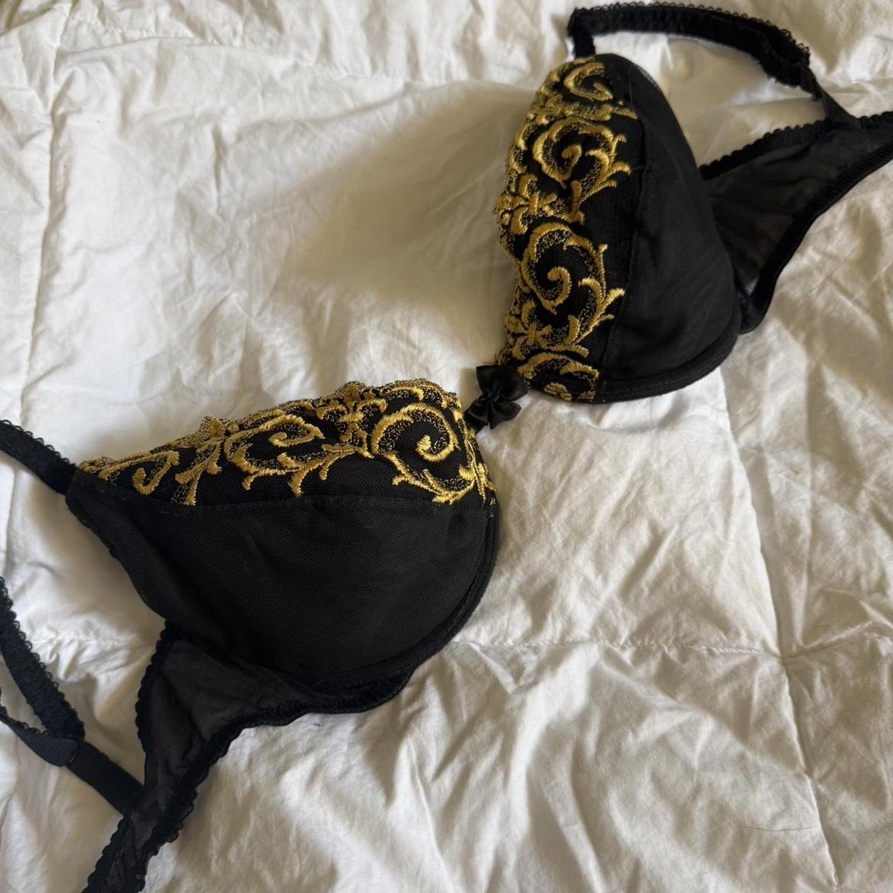Vintage Victorias Secret bra Black + Gold filigree... | Depop