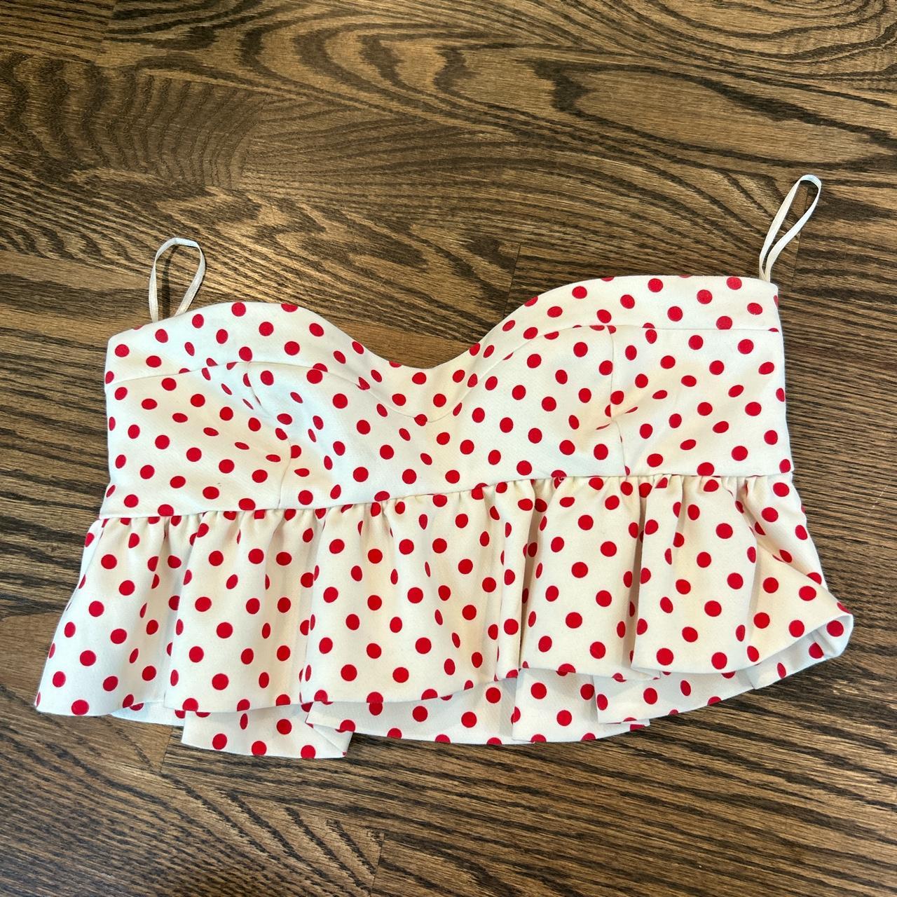 Zara white ruffle strapless top with red polka dots... - Depop