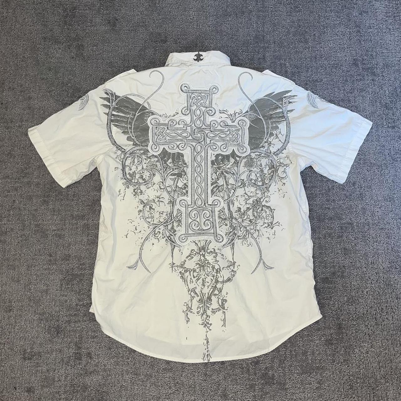 Y2K Affliction Style Button Up Shirt White Cross... - Depop