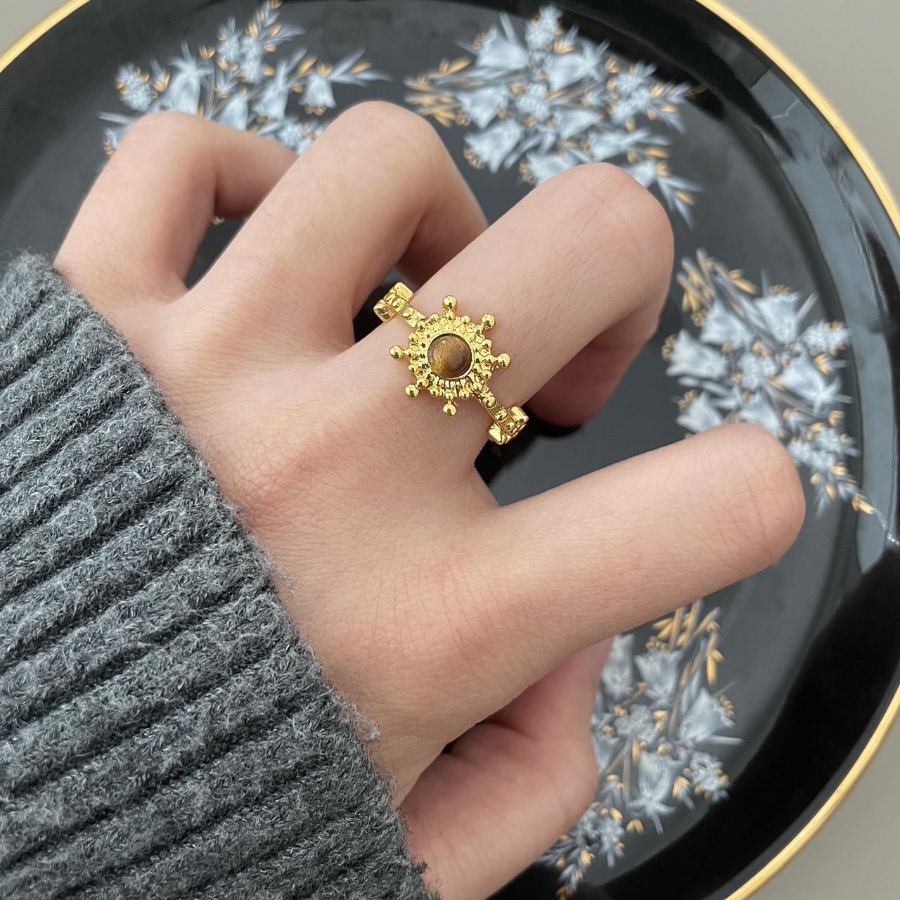 Vintage style gold plated sun ring with brown stone,... | Depop