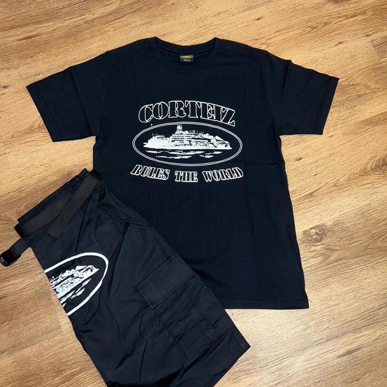 Corteiz black / white RTW tee & cargo shorts set -... - Depop