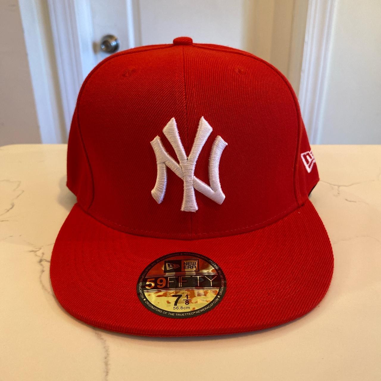 Yankees red fitted cap size 7 1/8. New cap. Ships... - Depop