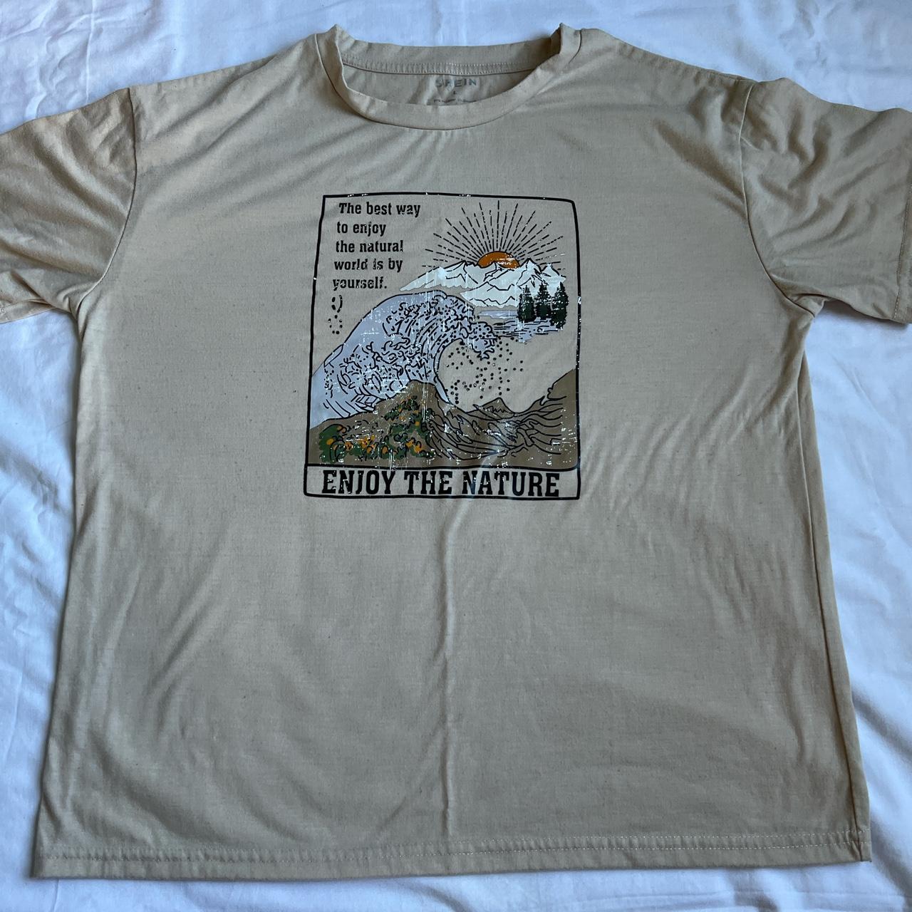 tan graphic t, size large from shein worn twice,... - Depop