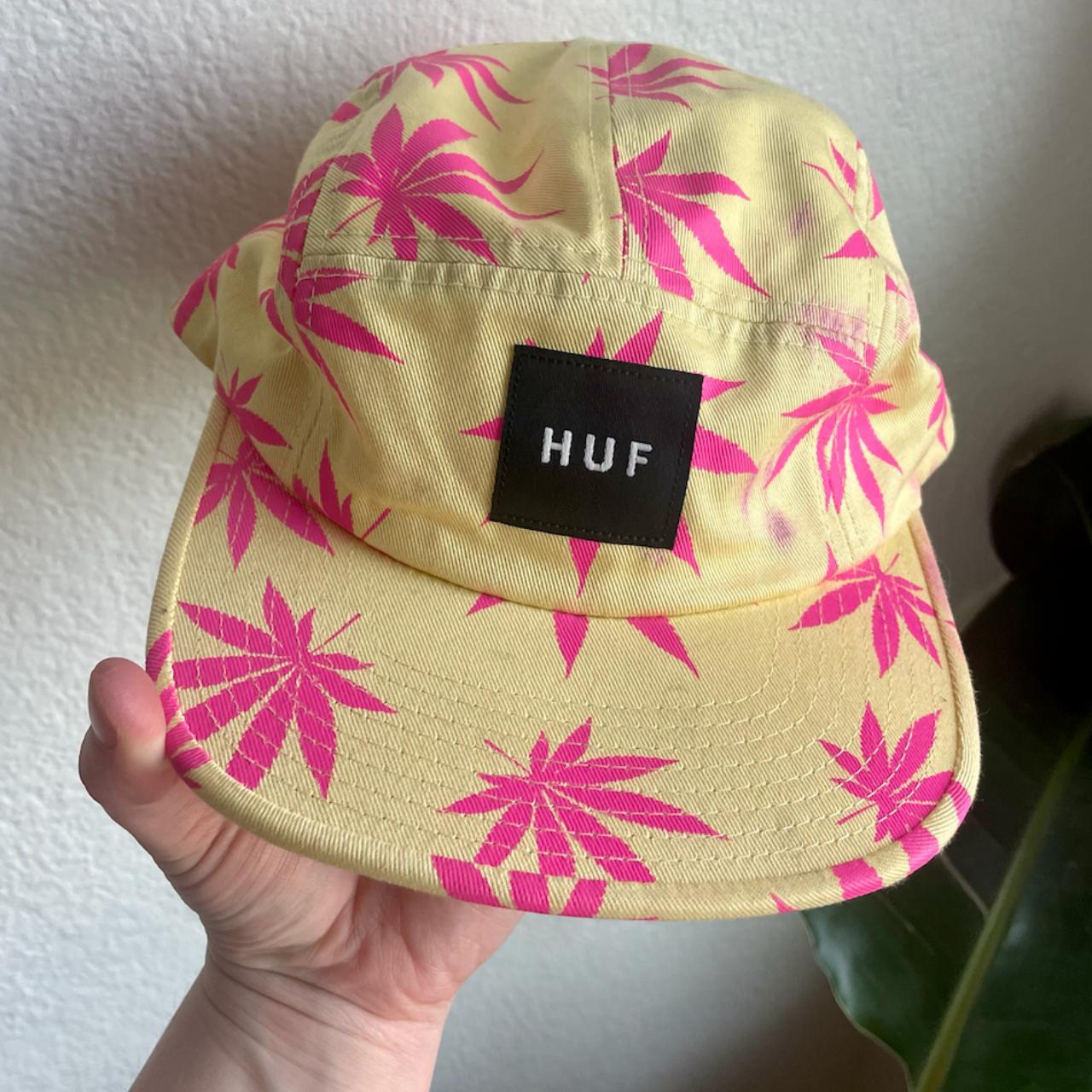 HUF men's pink and yellow plant life 5 panel hat,... - Depop