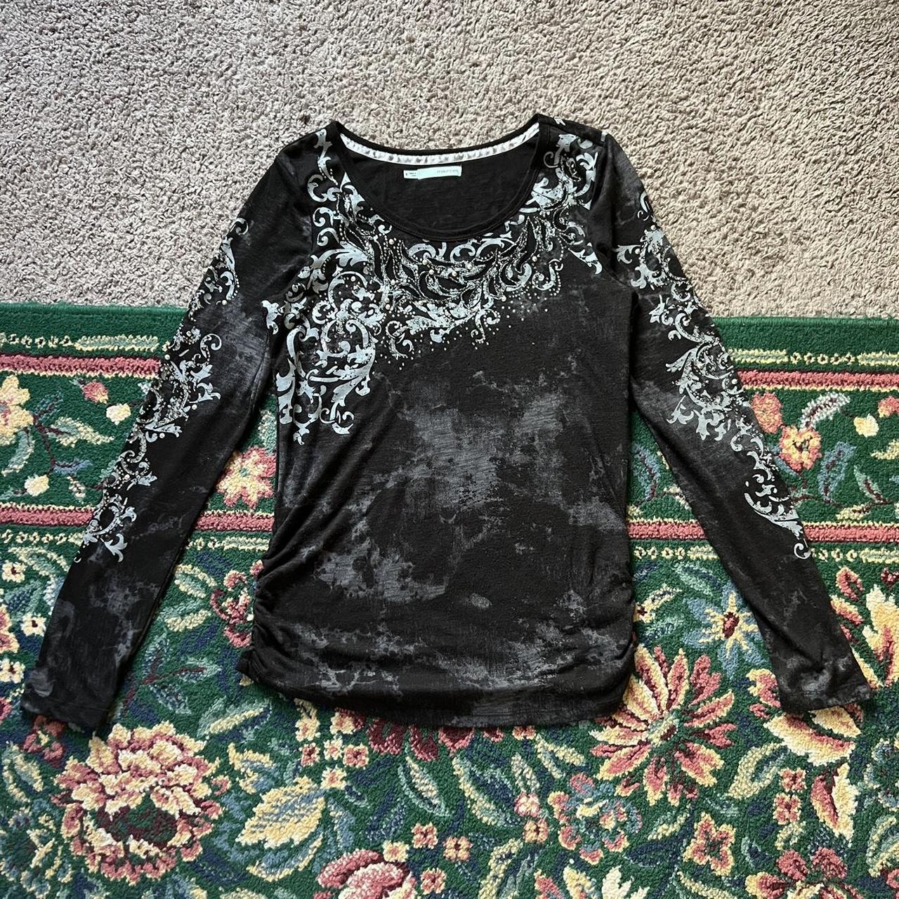 Y2k 2000s Top Small Black Long Sleeve Rhinestone... - Depop