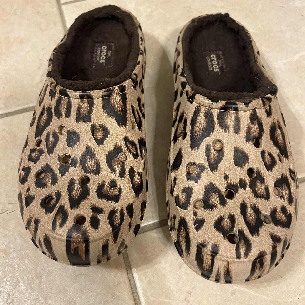 Tan and brown Crocs leopard print clogs... | Depop