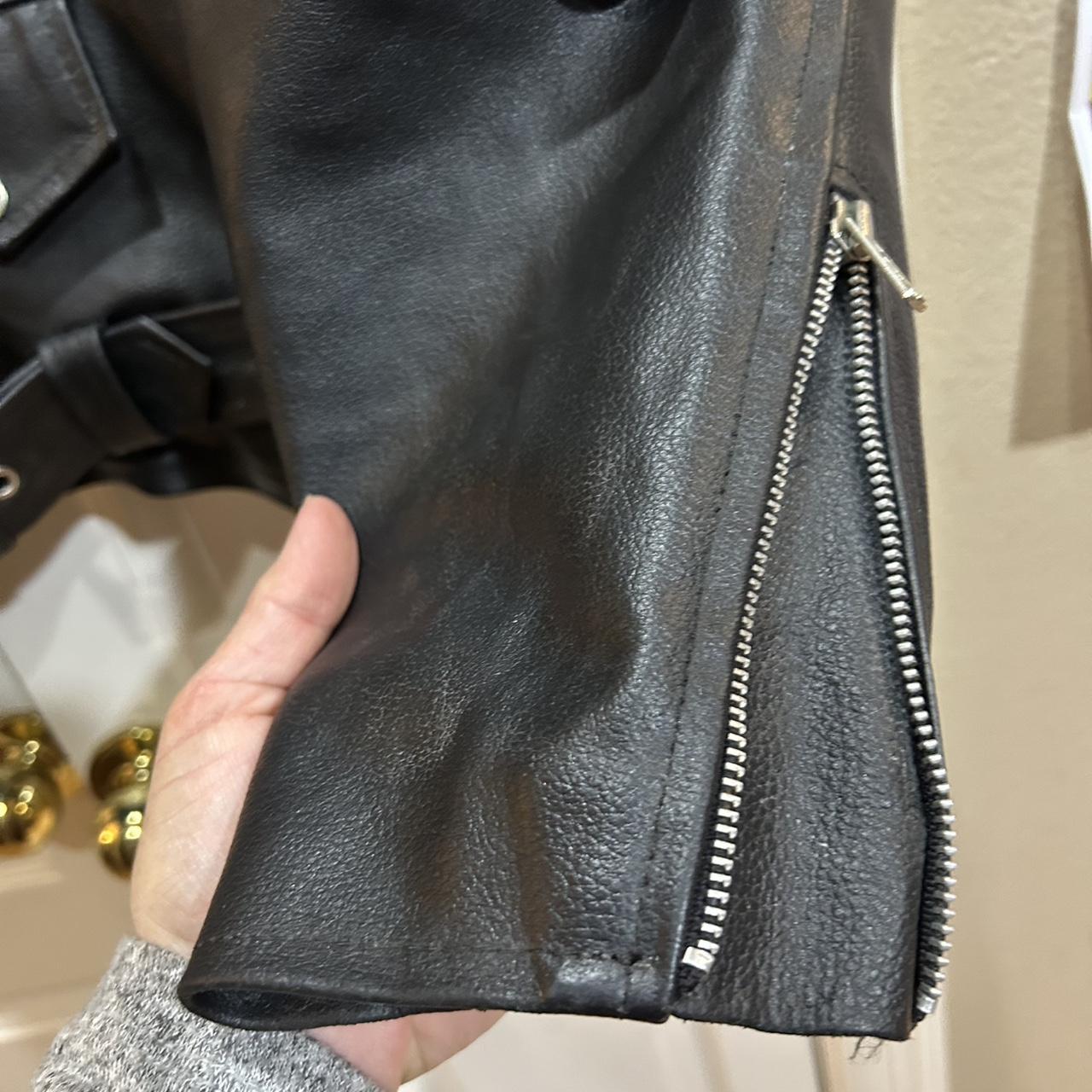 Black leather biker motorcycle jacket. Zip chest... | Depop