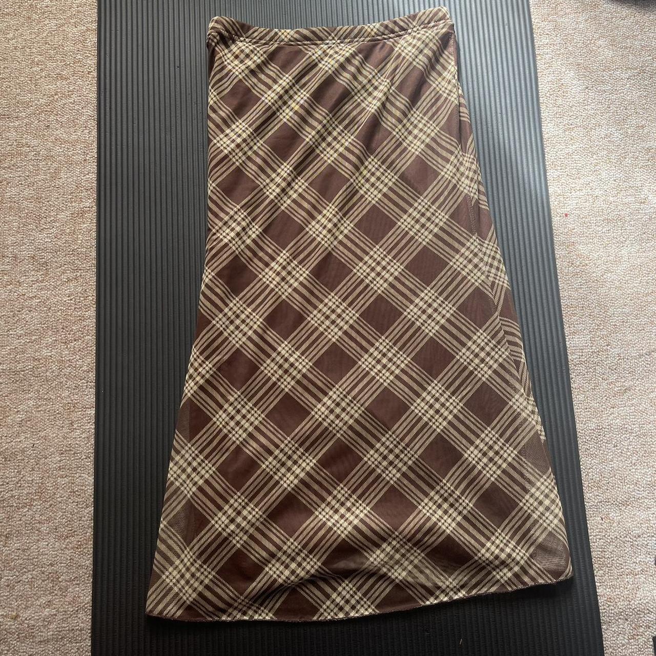 Brown plaid print mermaid hem long skirt. Mesh top... - Depop