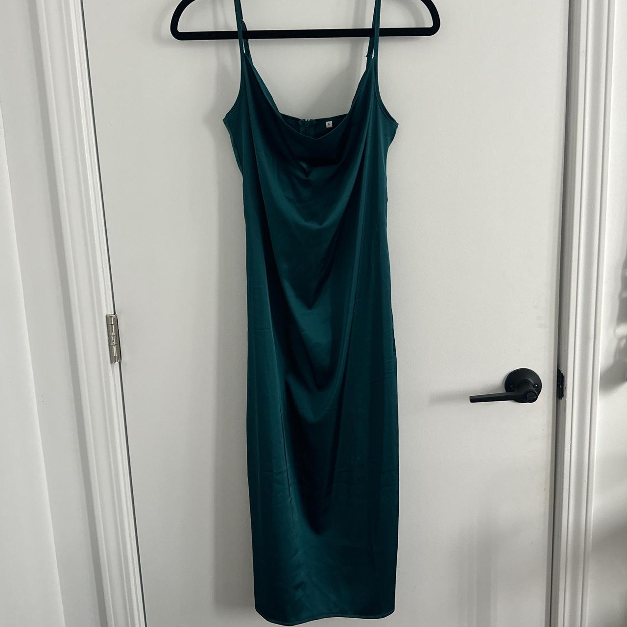 Dark teal long gown #dress #cowlneck #longdress... - Depop