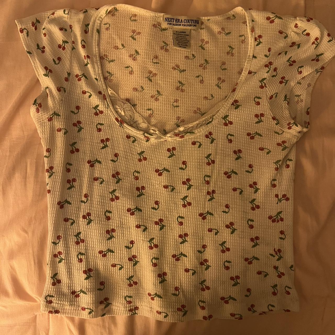 white cropped waffle thermal cherry pattern short... | Depop