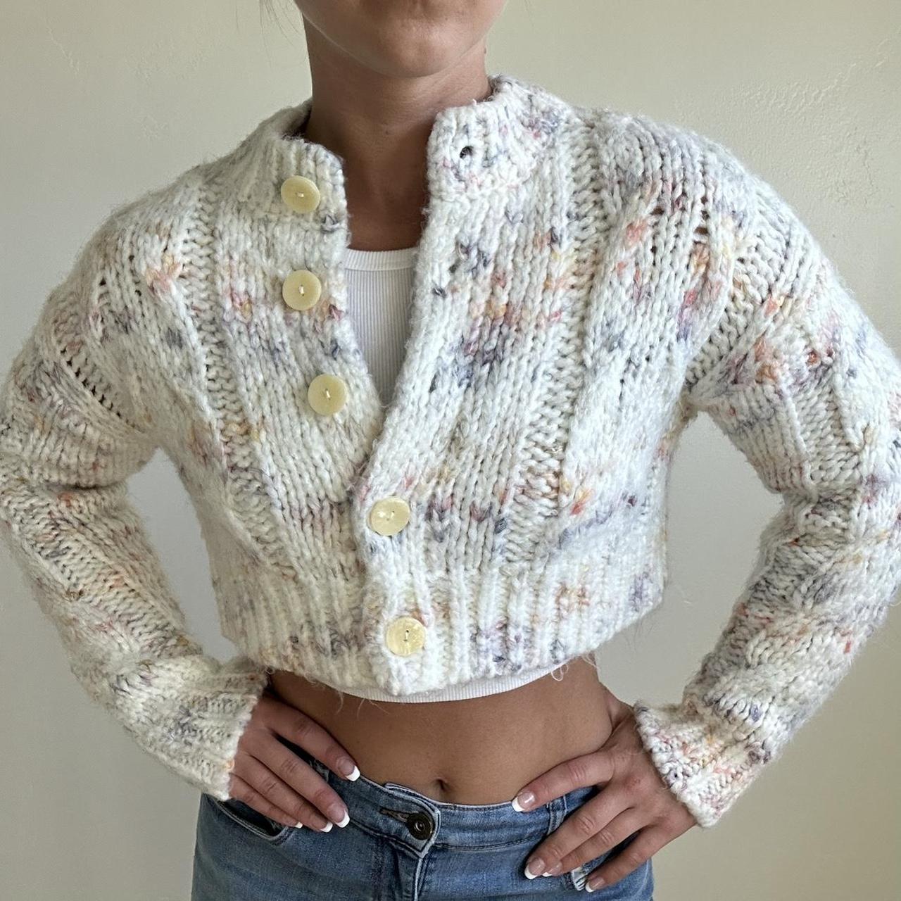Urban Outfitters Chunky Knit Cardigan with Rainbow... - Depop
