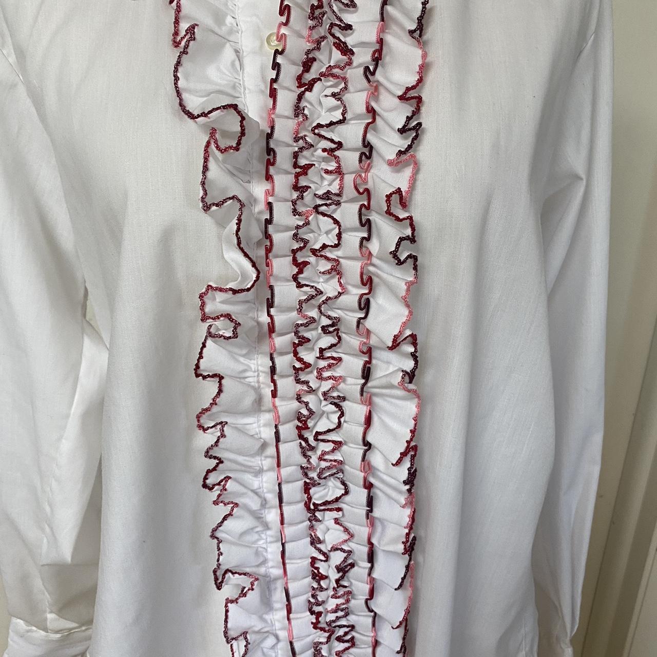 After six burgundy and white ruffled tuxedo shirt... - Depop