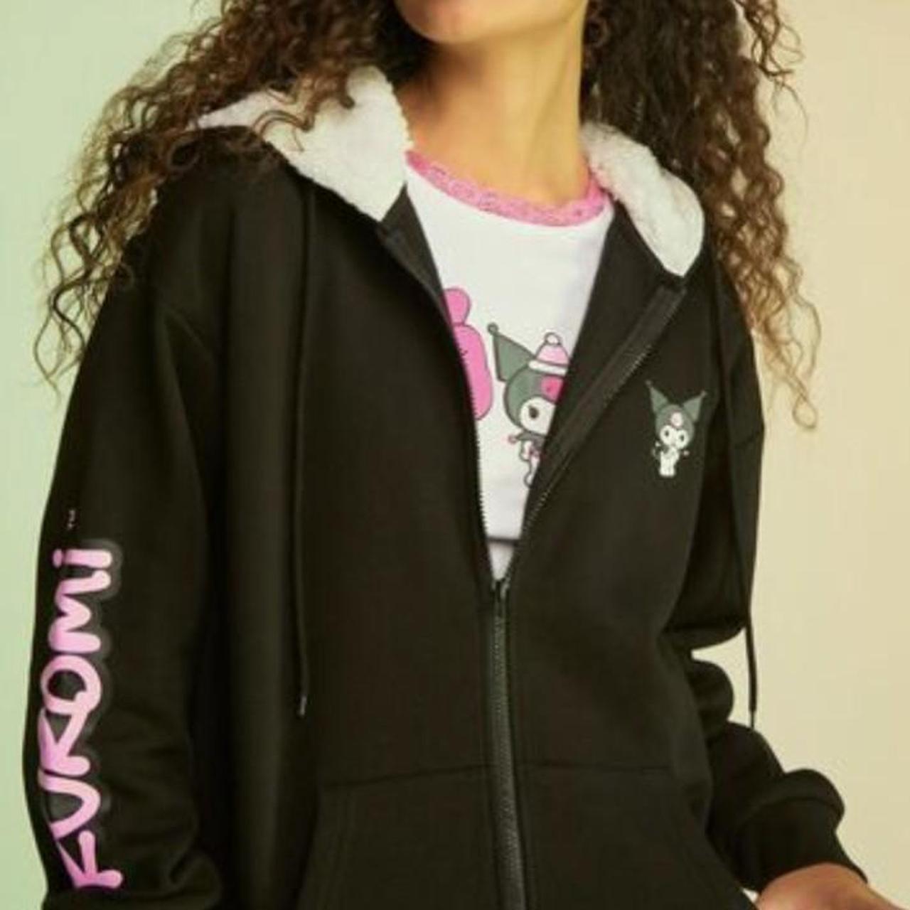 Black kuromi jacket w/ white fuzz in the hood - Depop