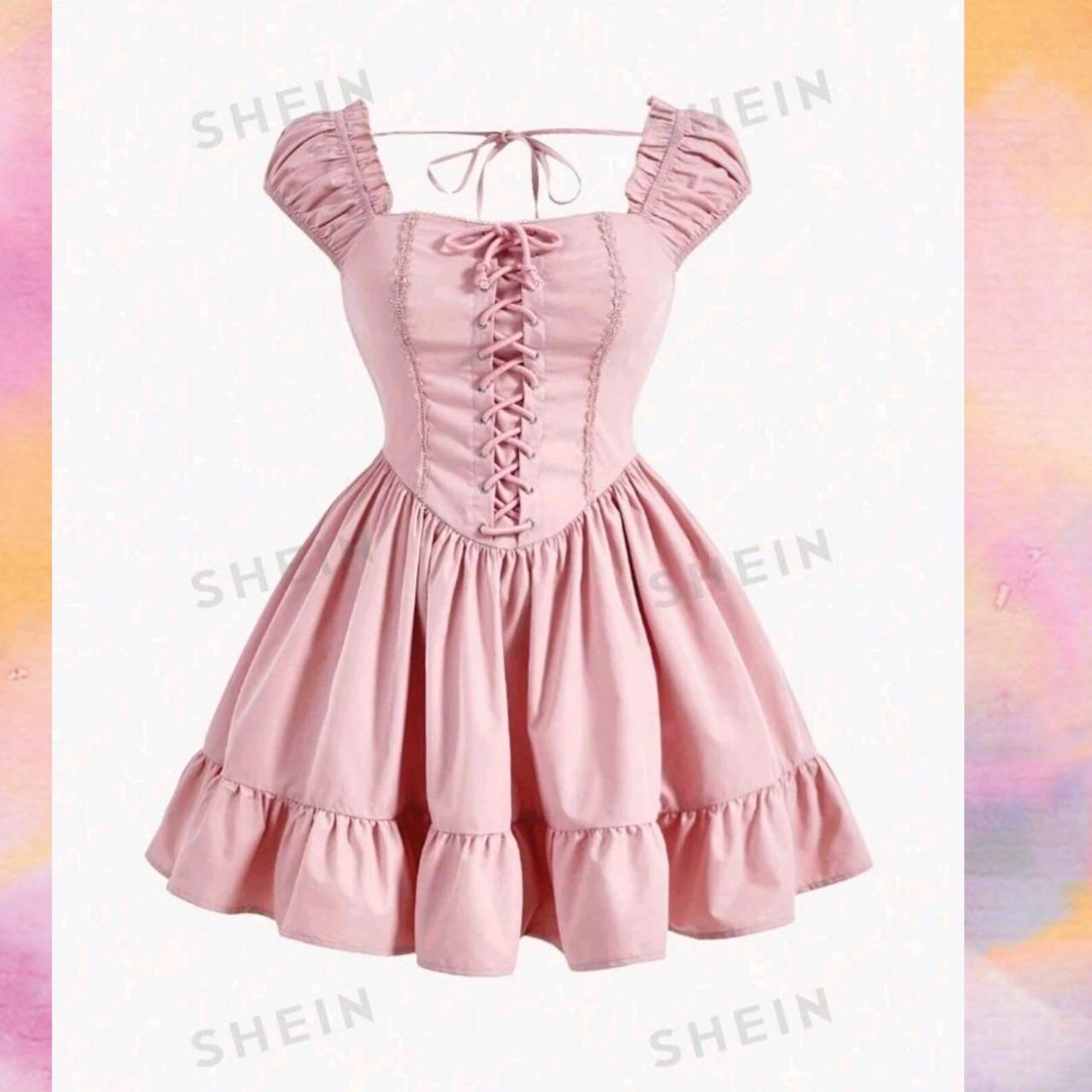 Pink fairycore puff sleeve milkmaid lace up dress... - Depop