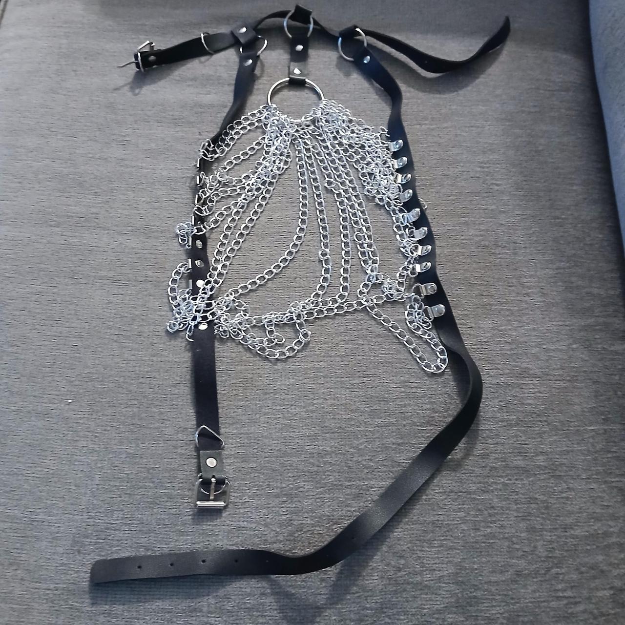 Silver chain harness with black straps #rave... | Depop