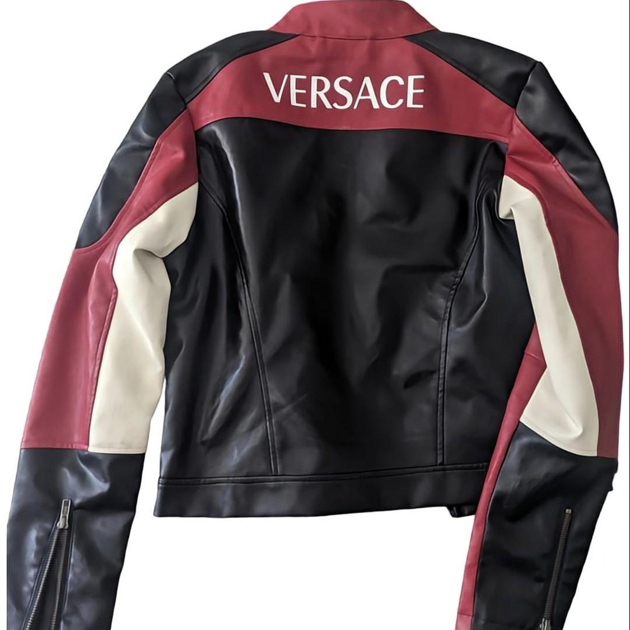 Versace leather jacket. Black red and white size S... - Depop