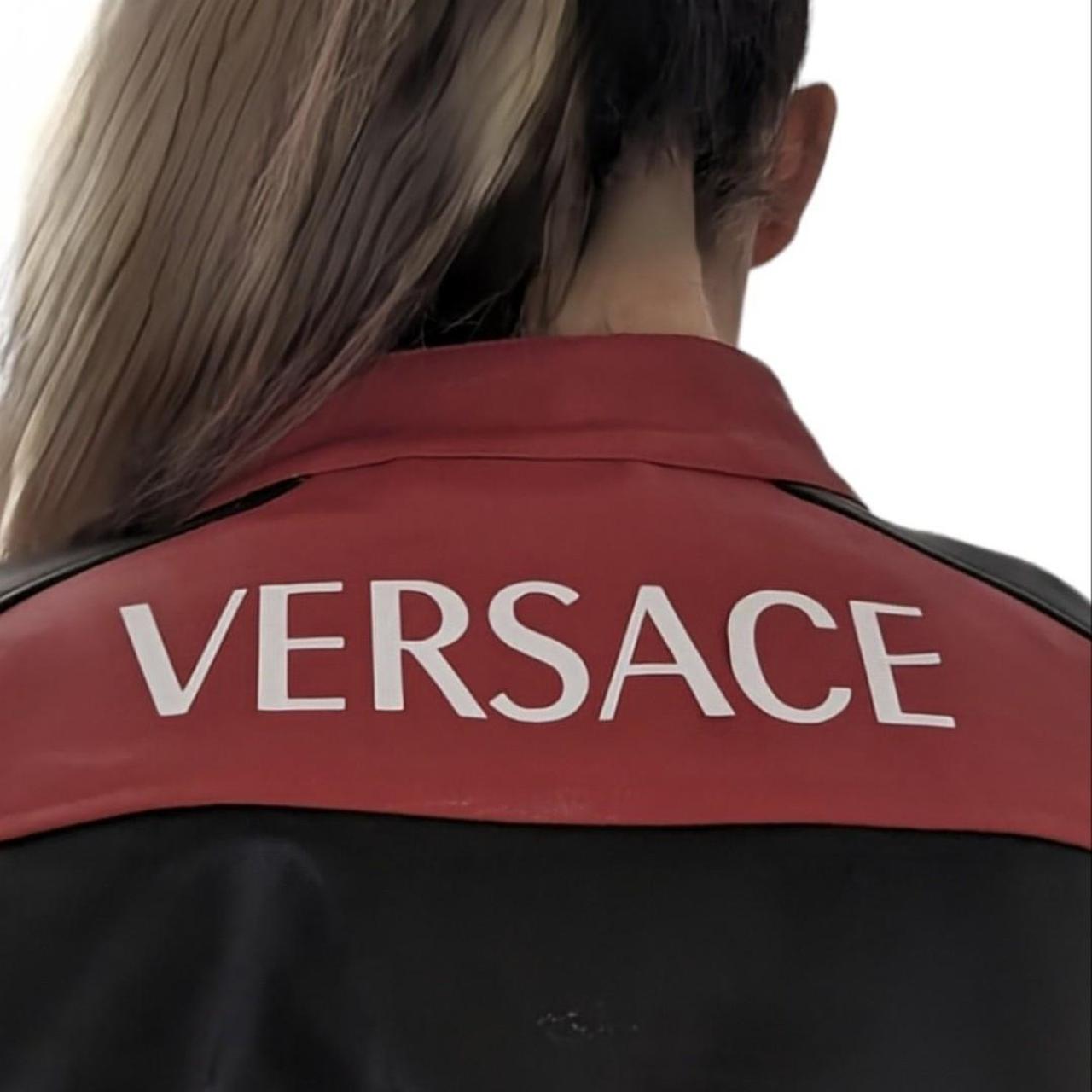 Versace leather jacket. Black red and white size S... - Depop