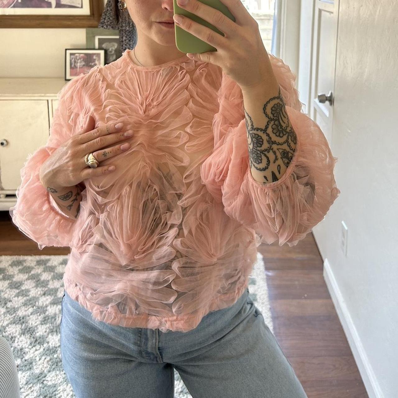 Zara pink mesh/sheer puff sleeve floral... - Depop