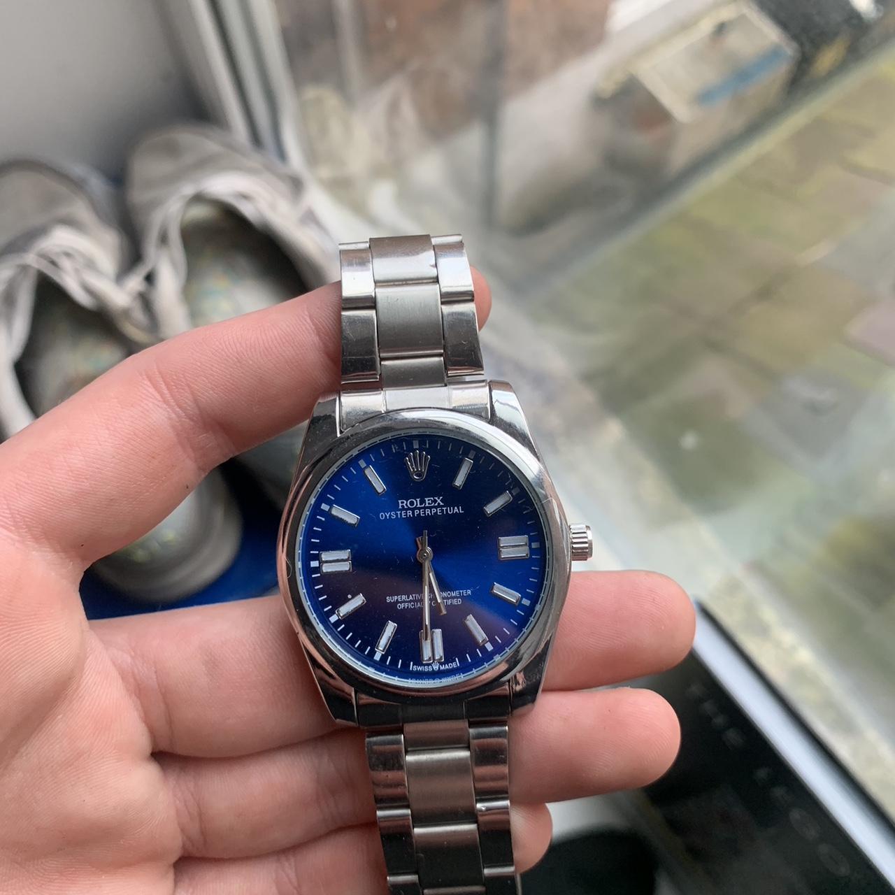 Blue and silver men’s luxury watch - Depop