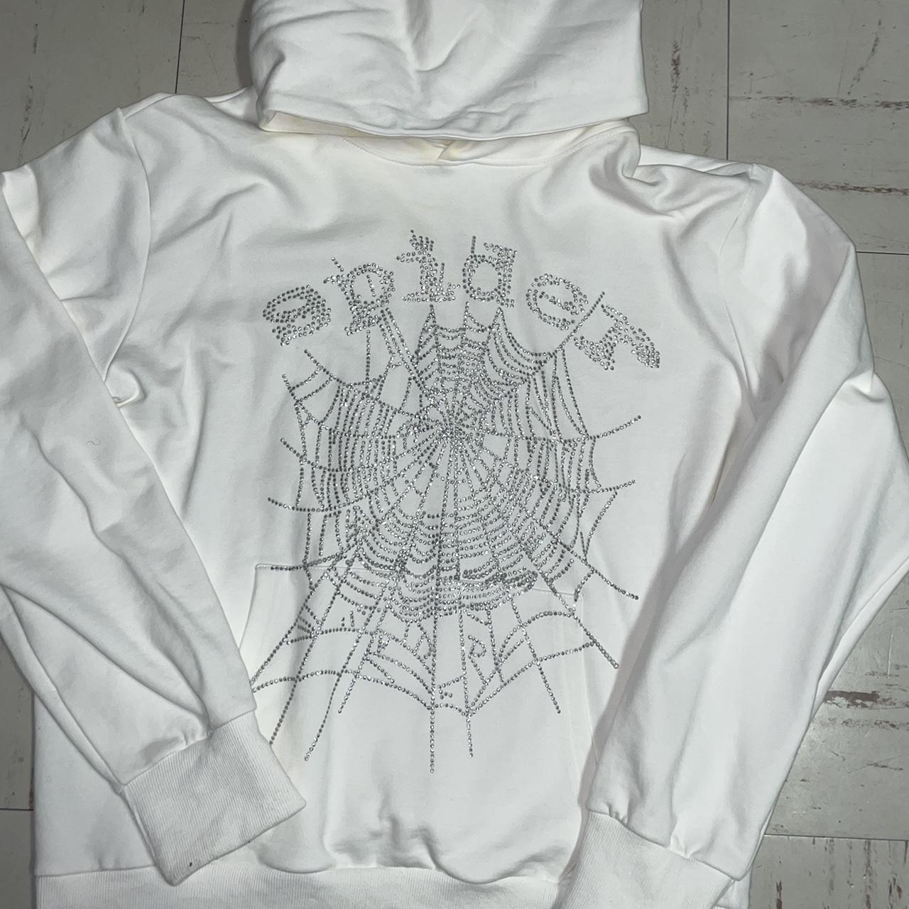 Sp5der worldwide OG white rhinestone hoodie... - Depop