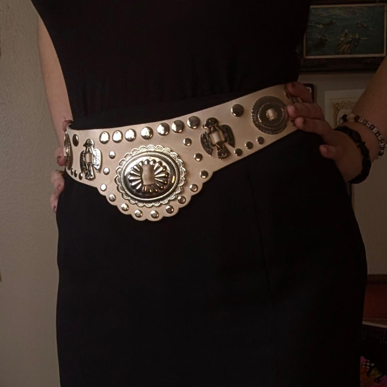 Vintage Studded Medallion Leather Belt - Women's... | Depop