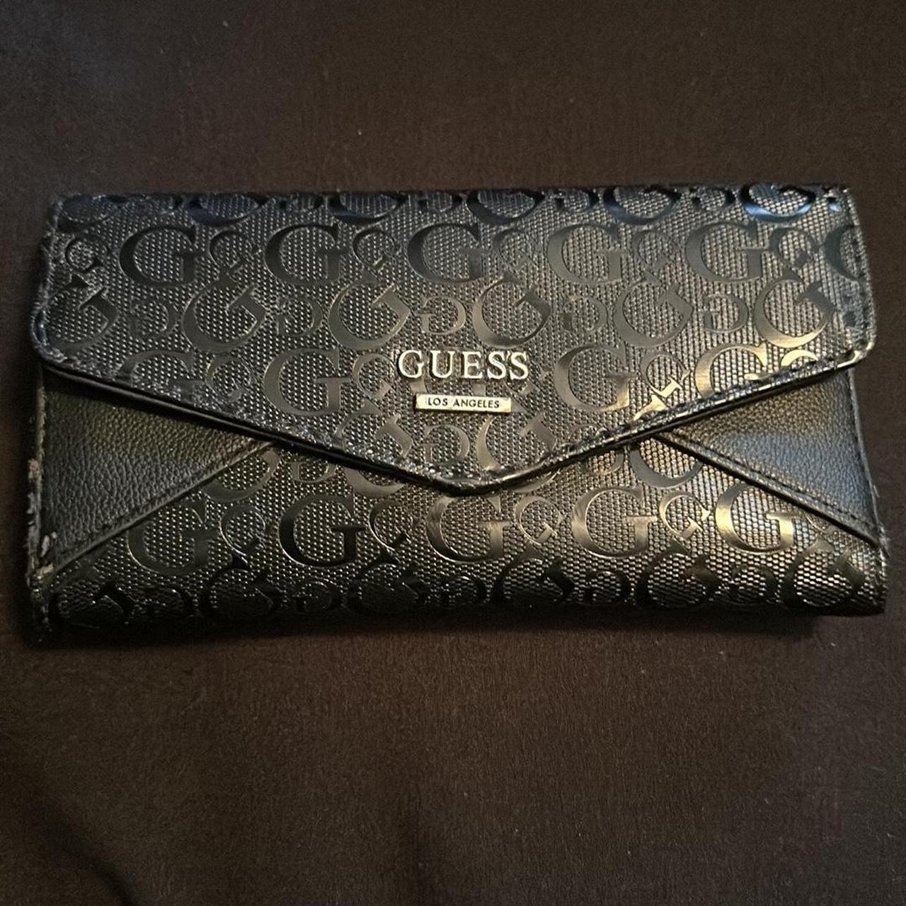 TRIFOLD BLACK WALLET BRAND GUESS USED GOOD... - Depop