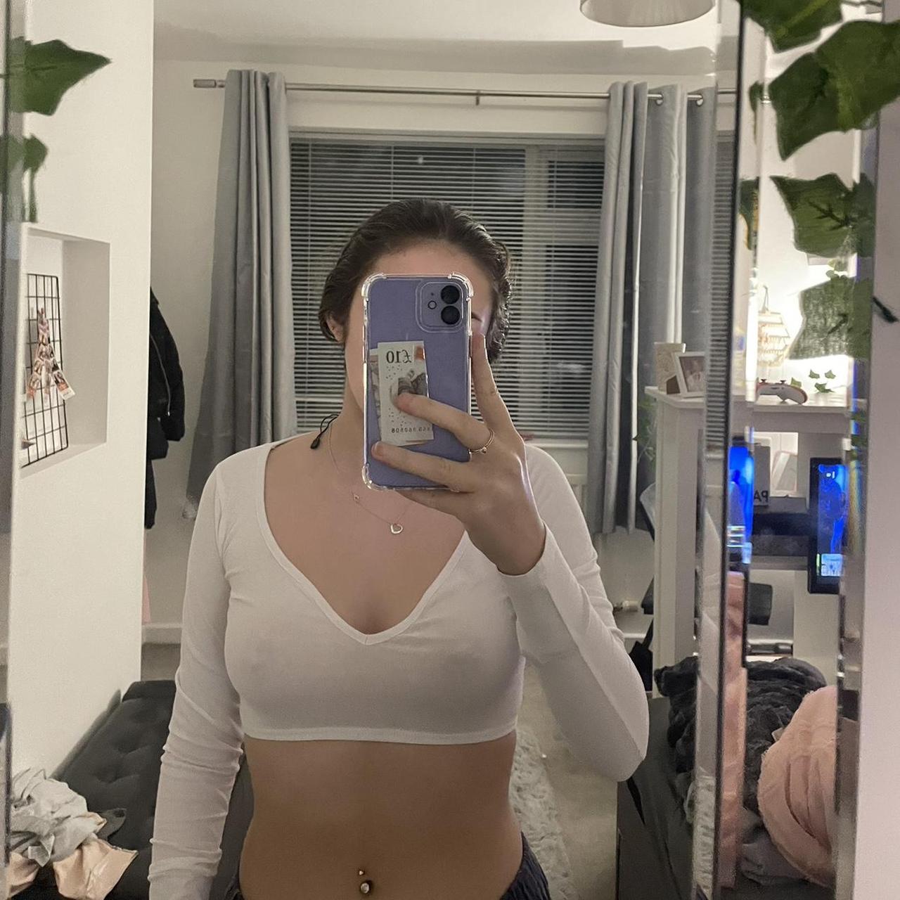 pretty little thing white long sleeve v neck crop top - Depop