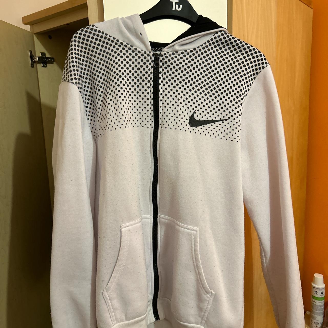 nike white and black zip up hoodie barely worn has... - Depop
