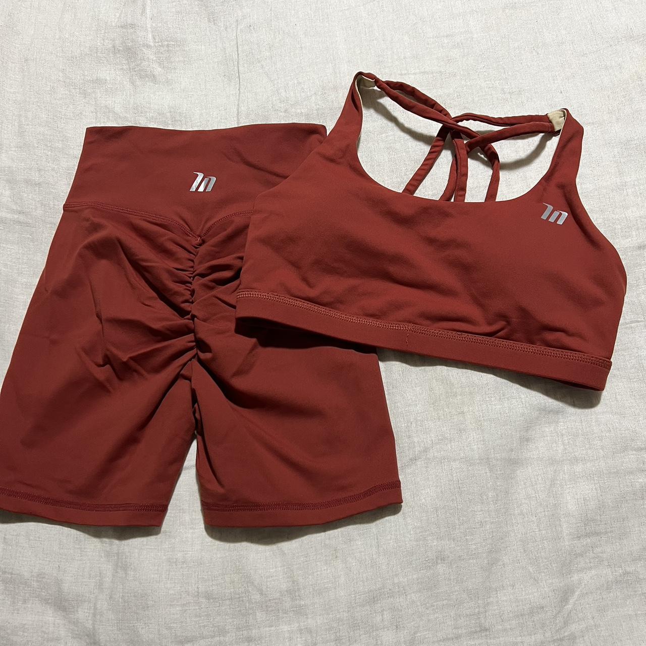 Rust sports bra and scrunch bum bike shorts set from... - Depop