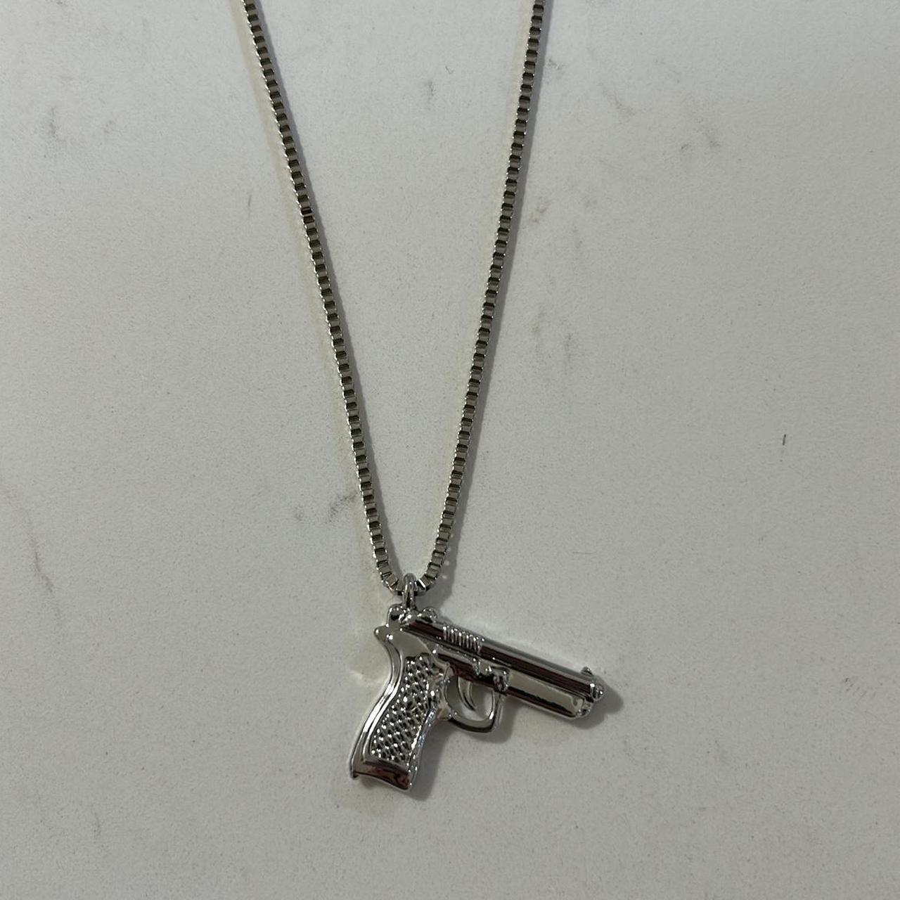 y2k silver mini uzi glock necklace chain in silver... | Depop