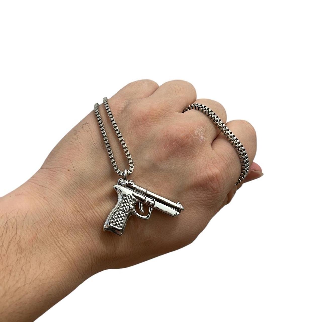 y2k silver mini uzi glock necklace chain in silver... | Depop