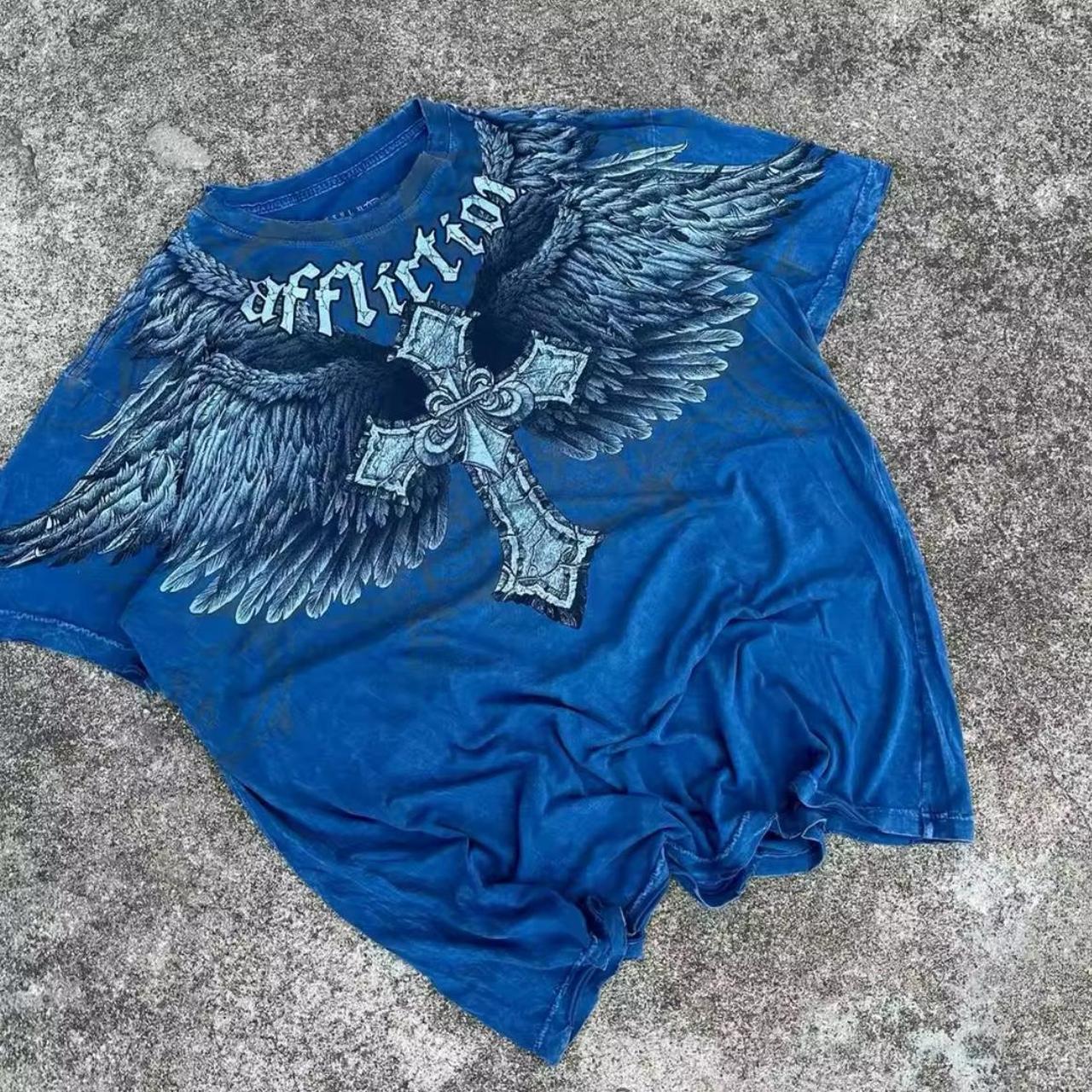 Affliction blue & black shirt(Size L available just... | Depop