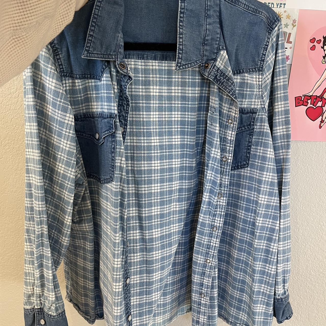 unique denim button up 👖 denim/ plaid fits like an... - Depop