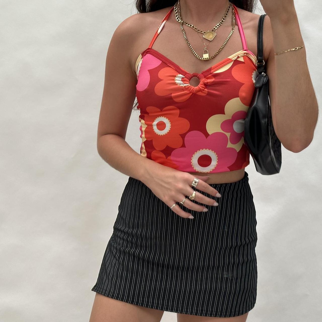 Pink and Yellow Floral Crop Top Shown on XS can fit... - Depop