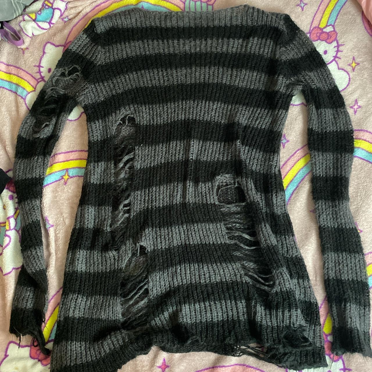 distressed black and gray striped emo sweater... - Depop