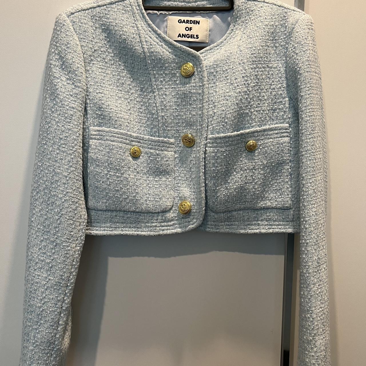 Cropped Tweed Jacket Light blue, regular fit for AU... - Depop