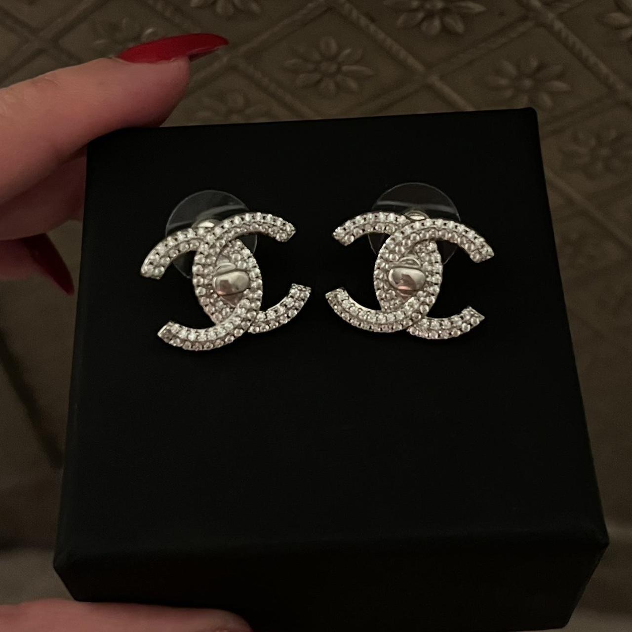 Authentic Chanel Silver Crystal Turnlock... - Depop