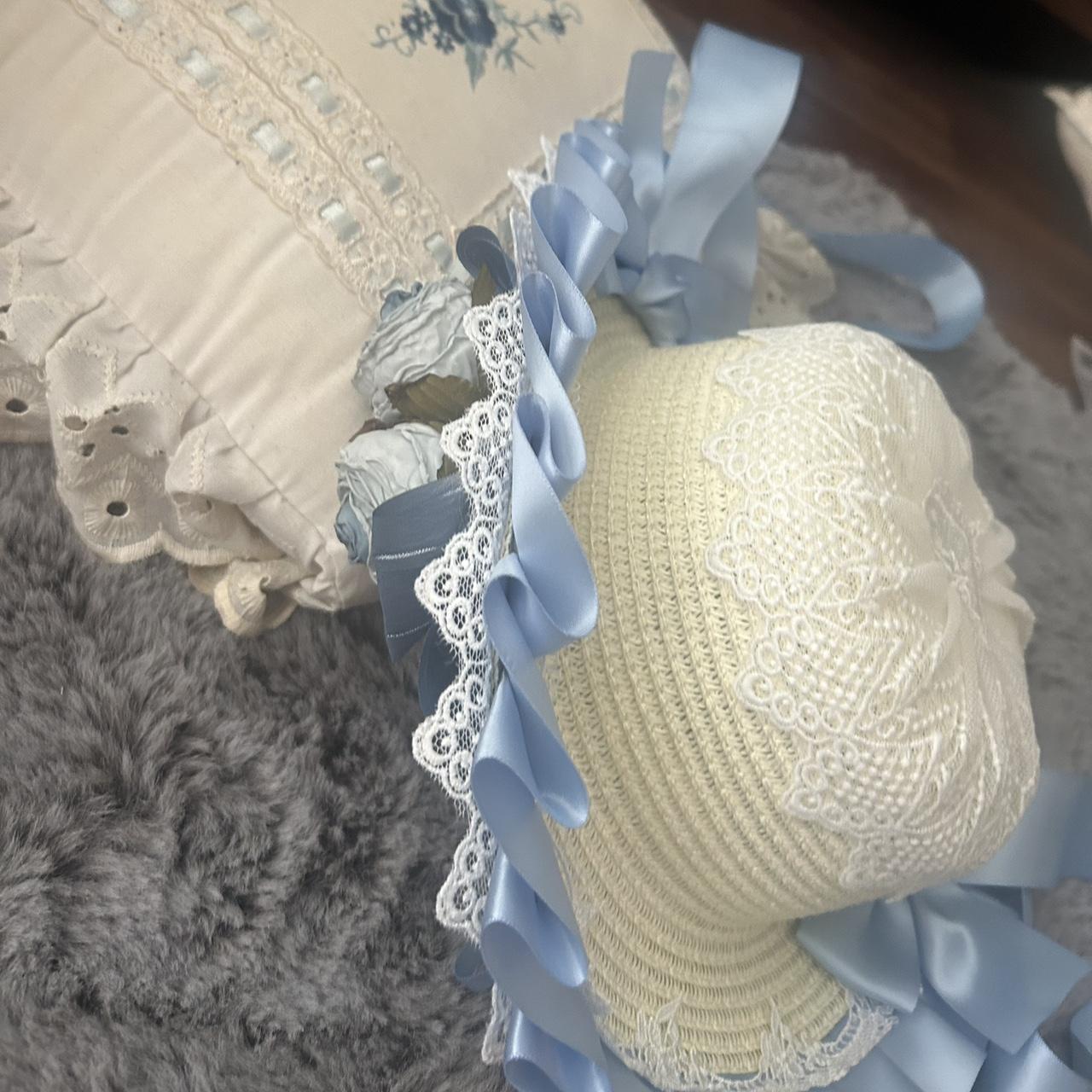 Lolita vintage baby blue ruffle ribbon hat with blue... - Depop