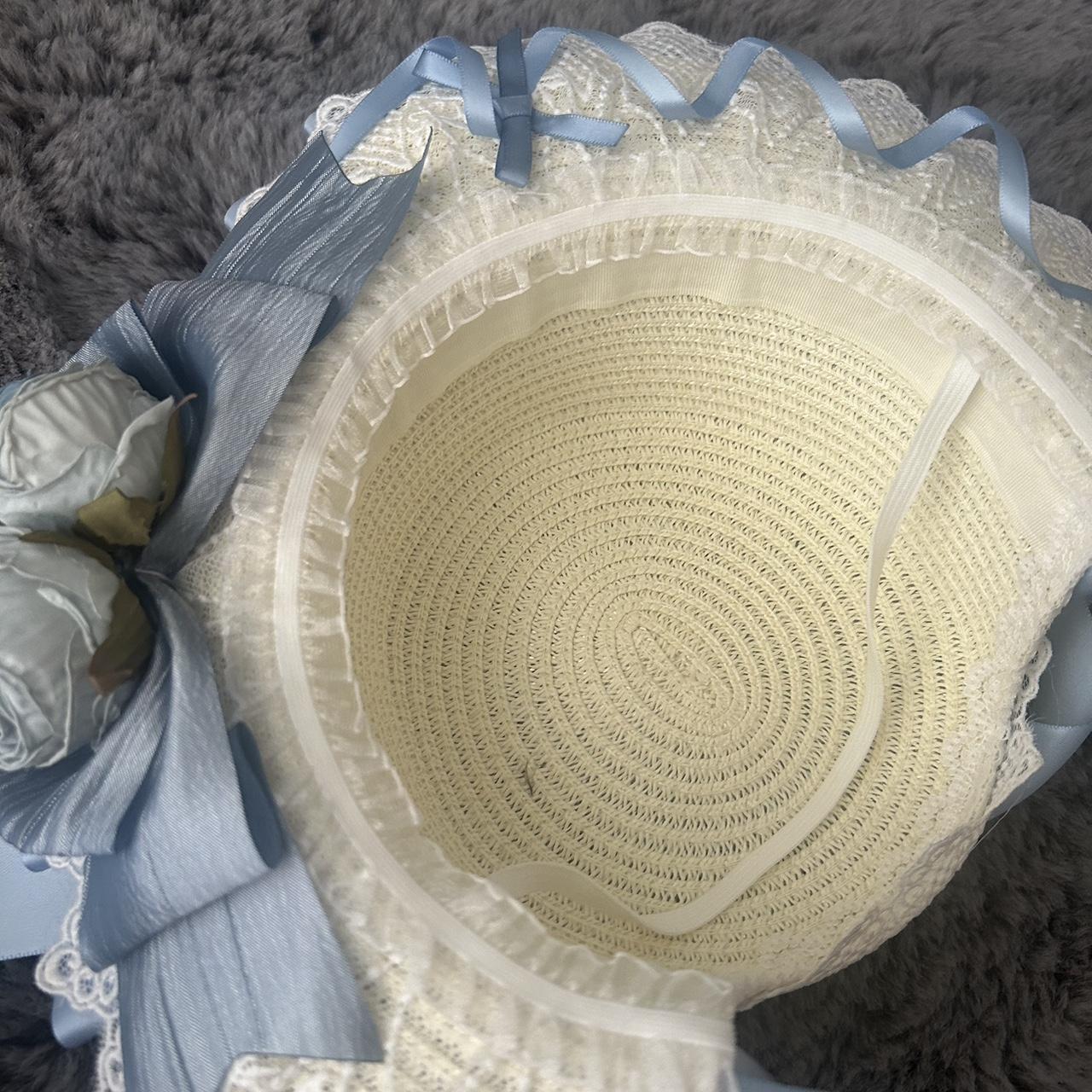 Lolita vintage baby blue ruffle ribbon hat with blue... - Depop