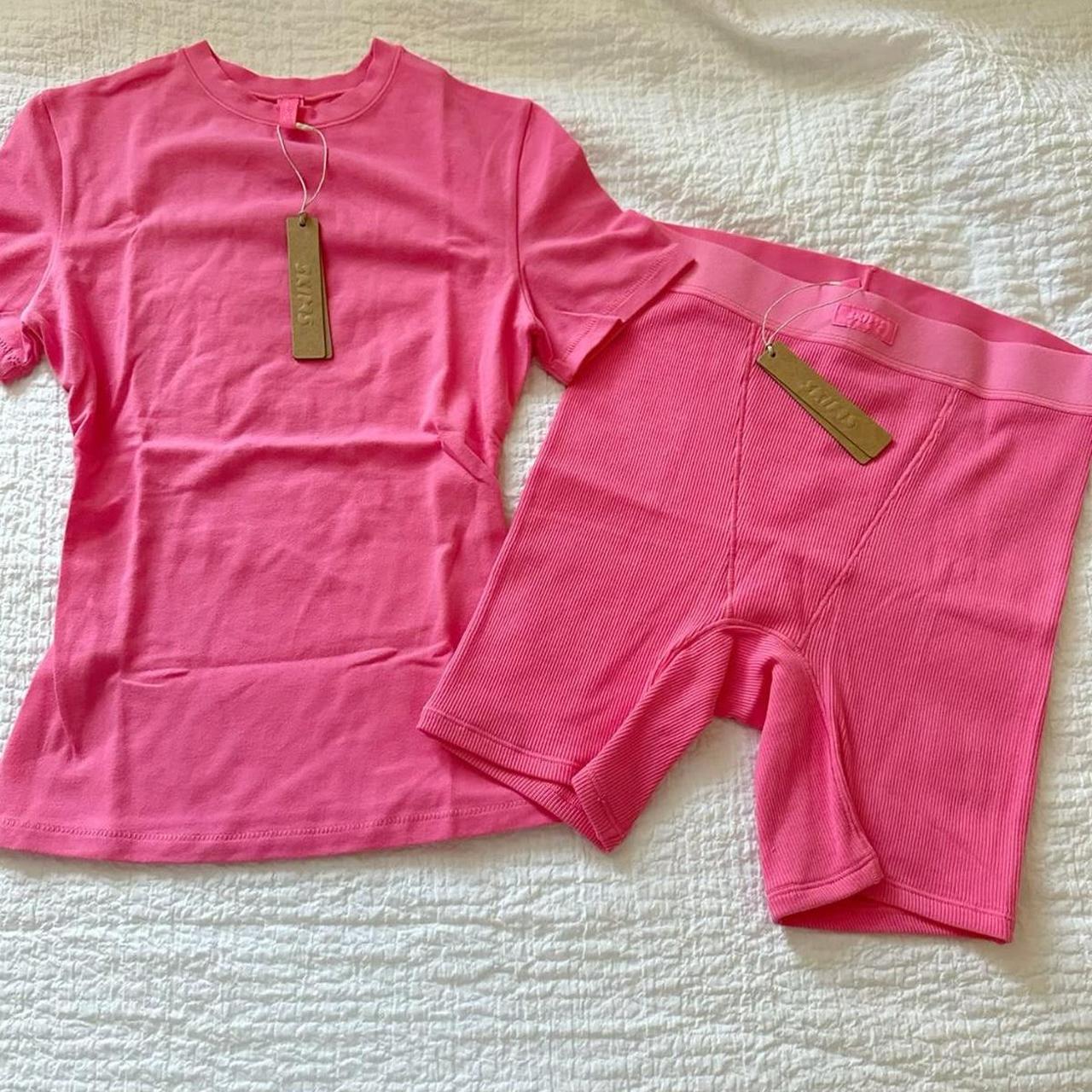Skims Hot pink short sleeve tee and shorts set #pinkset | Depop
