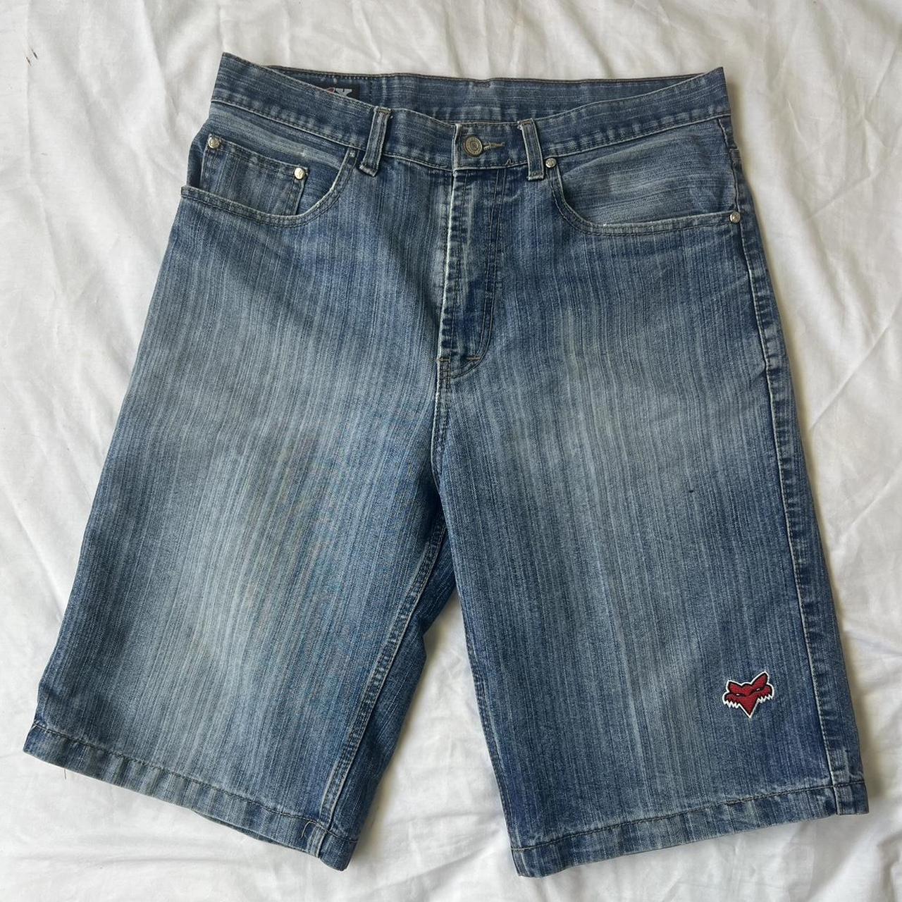 ️ super cool light/medium wash denim jorts with red... - Depop