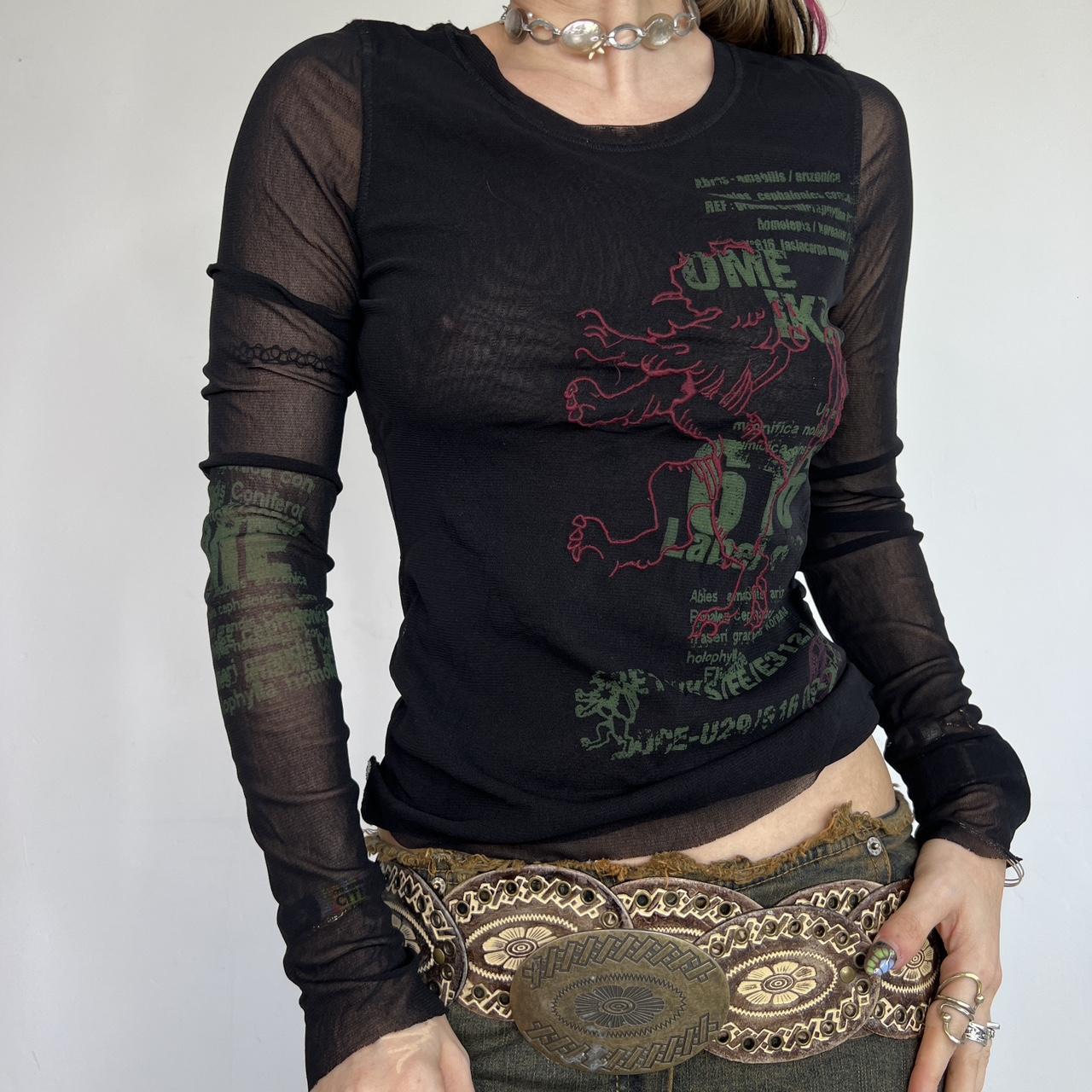Vintage y2k mesh sheer top long sleeves, graphic.... - Depop