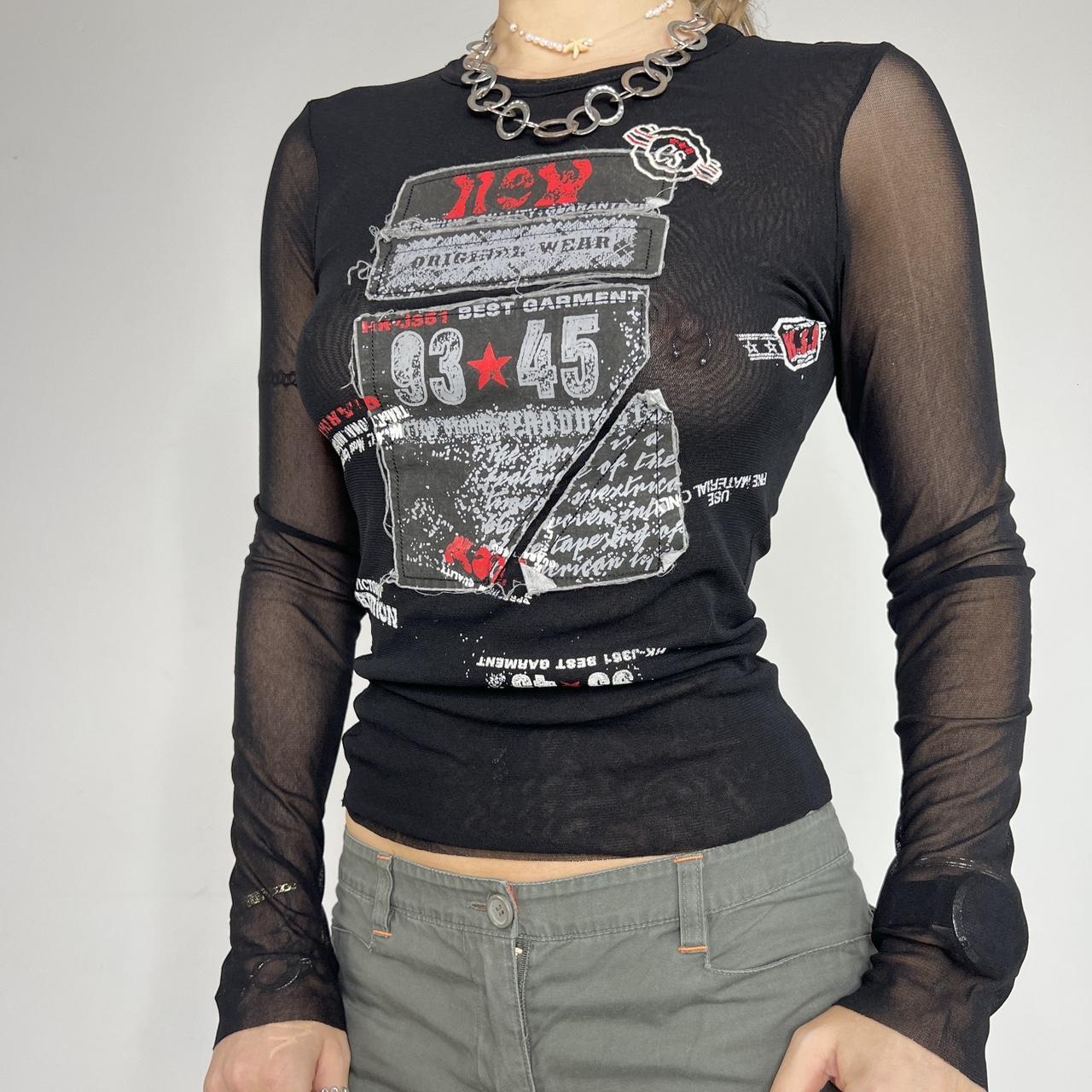 Vintage y2k mesh sheer top long sleeves, graphic... - Depop
