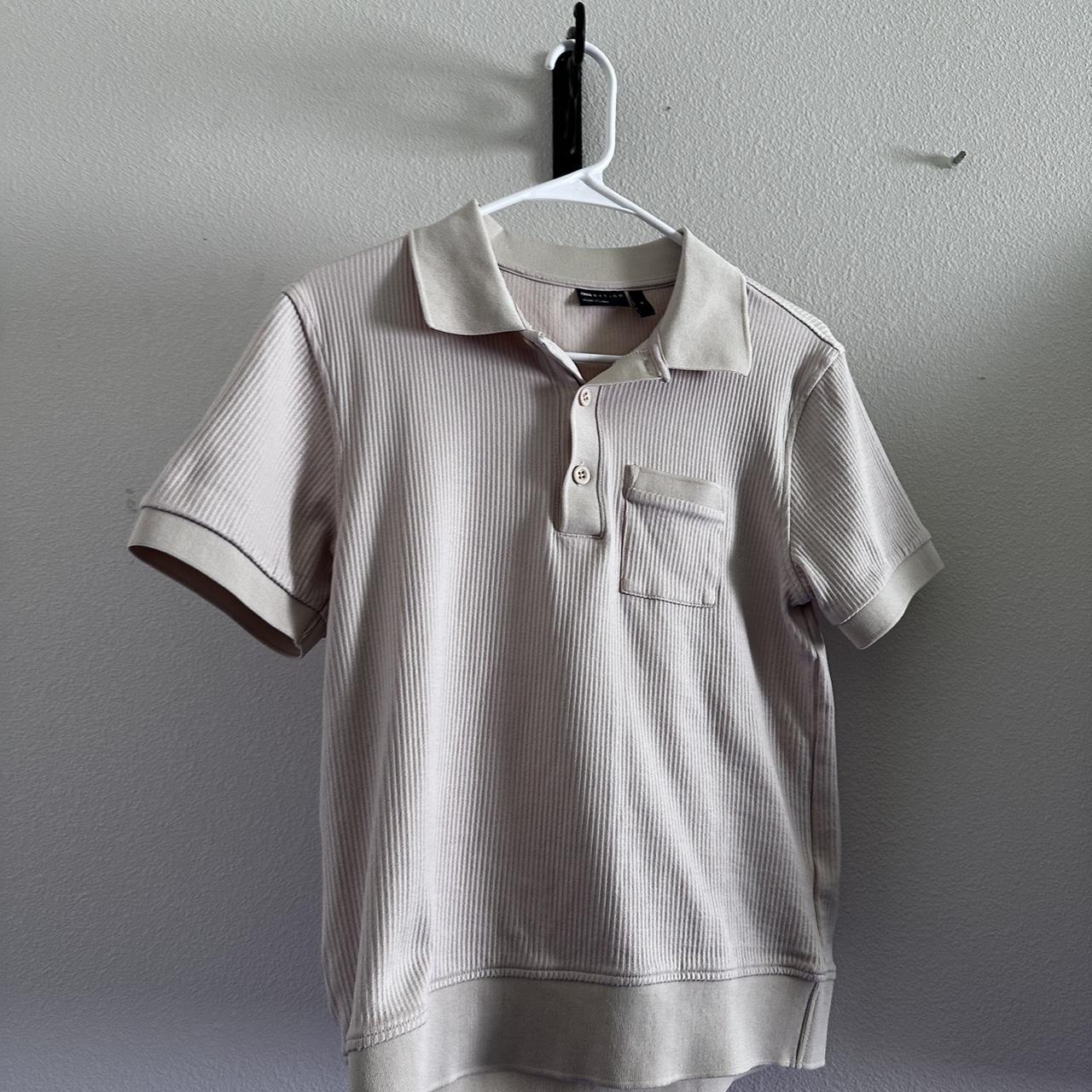 Cream colored slim fit polo shirt with front pocket... - Depop
