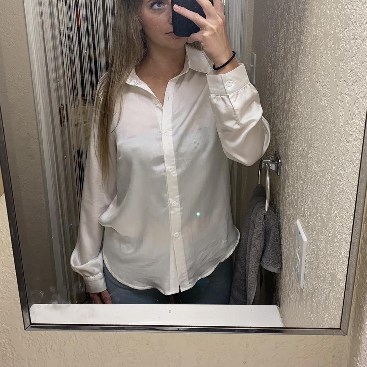 Shein white silk button down shirt, size L, US... - Depop