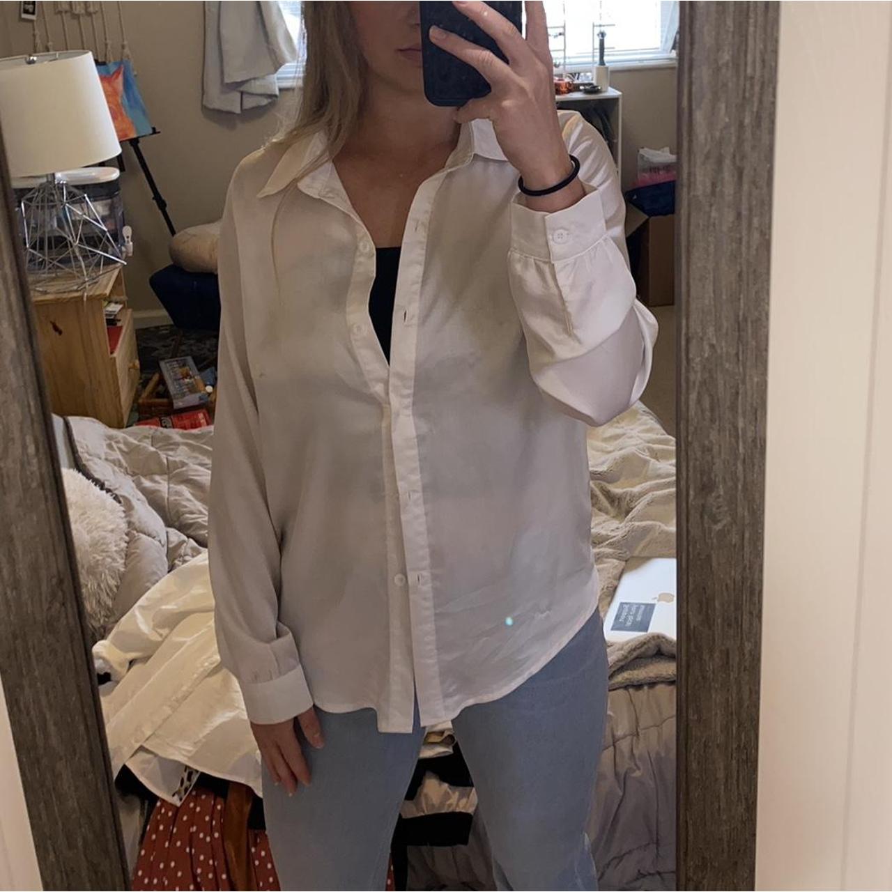 Shein white silk button down shirt, size L, US... - Depop