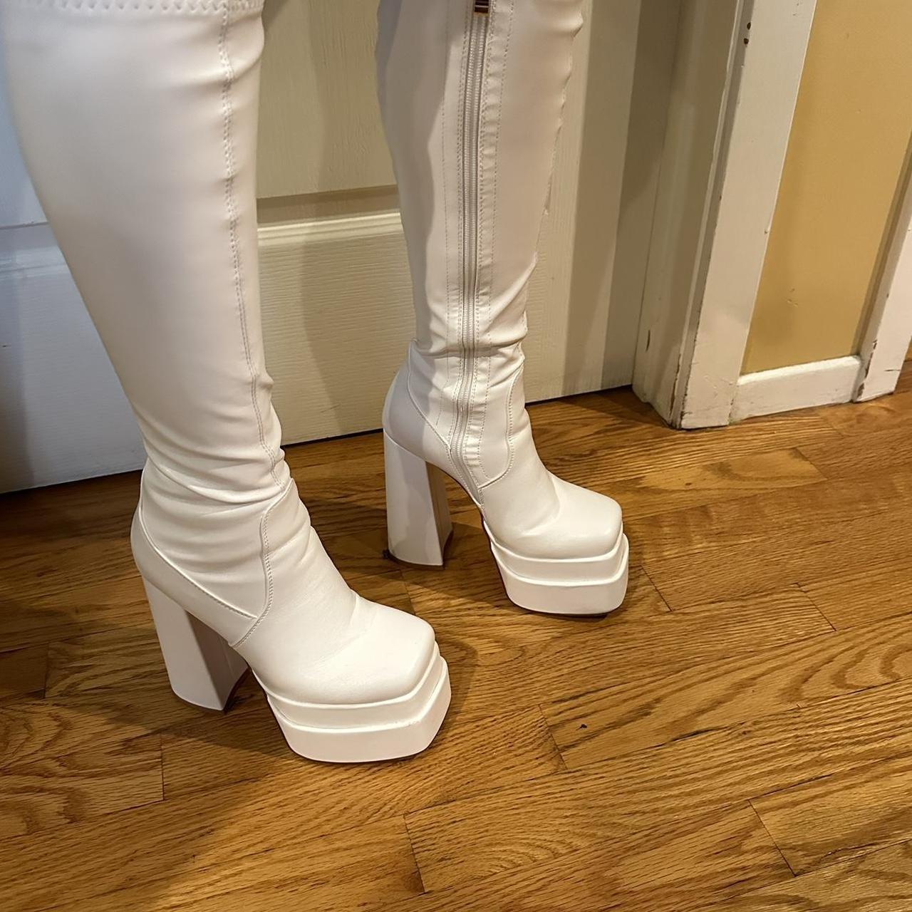 White knee high platform go-go boots. Fits a size 6.... - Depop