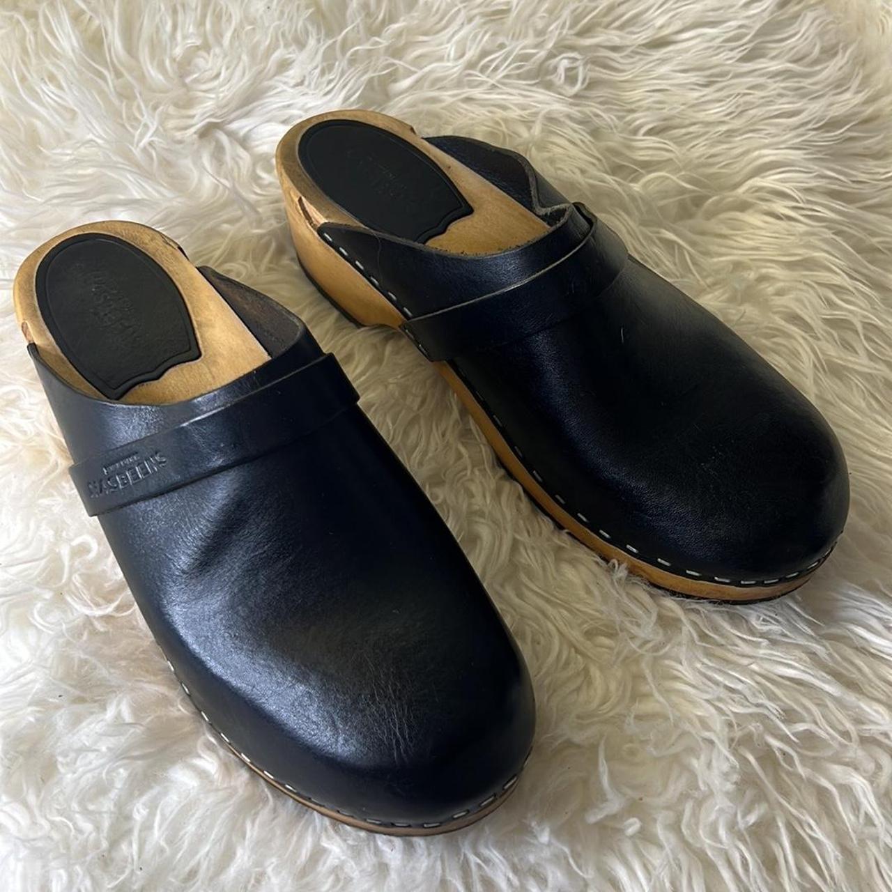 Swedish Hasbeens black leather clogs size 9.5 in... - Depop
