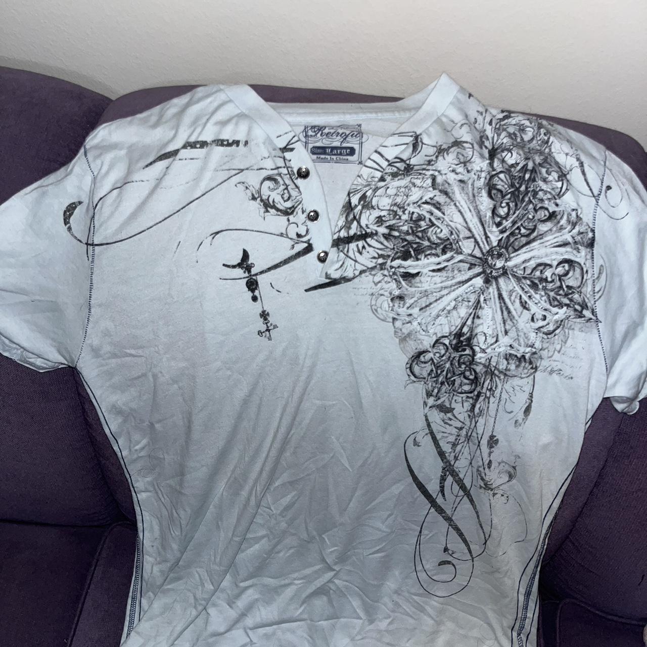 affliction like shirt twoangle cross design... - Depop